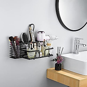 YIGII Hair Tool Organizer - Wall Mounted/Adhesive 4 Compartments Countertop Bathroom Blow Dryer Holder, Styling Hot Tool Organizer for Hair Dryer, Flat Iron Hair Straightener, Curling Wand, Makeup