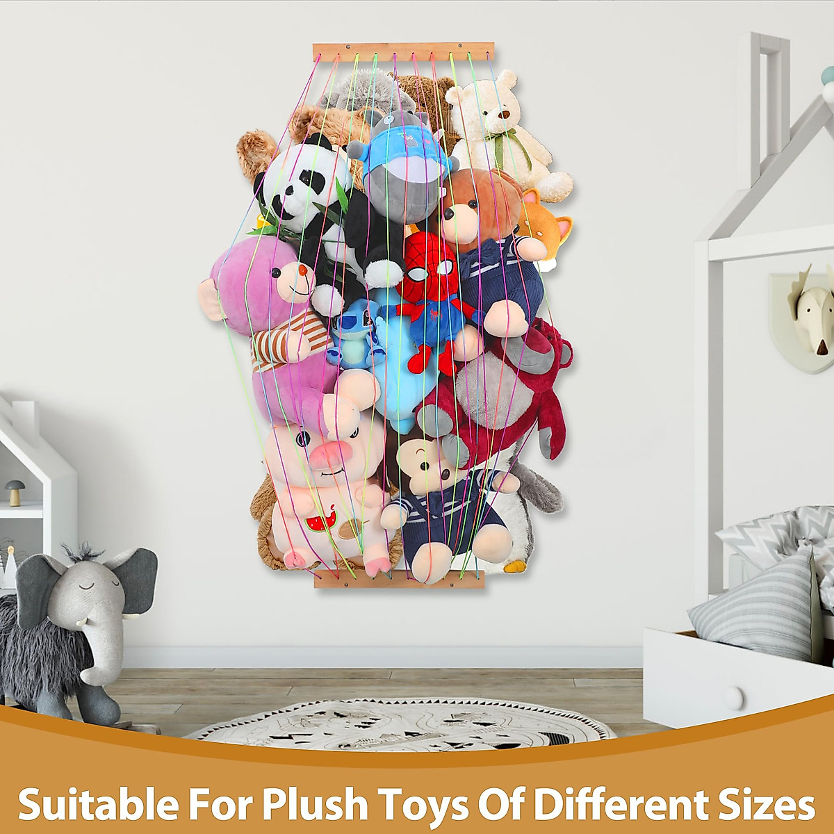 PHOENANCEE Stuff Animal Organizer for Plushies,Stuffed Animal Storage Wall,Plush Toys Holder Net Zoo for Kids Nursery Playroom Bedroom,Save Space,Length Adjustable,Upgraded,2 Pack(Natural Wood)