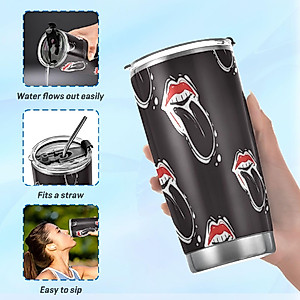 Rock Roll Red Lips Tumbler Bottle with Lid and Straw 20oz Insulated Coffee Ice Cup Vacuum Stainless Steel Shaker Bottle Travel Mug Water Cup Gifts
