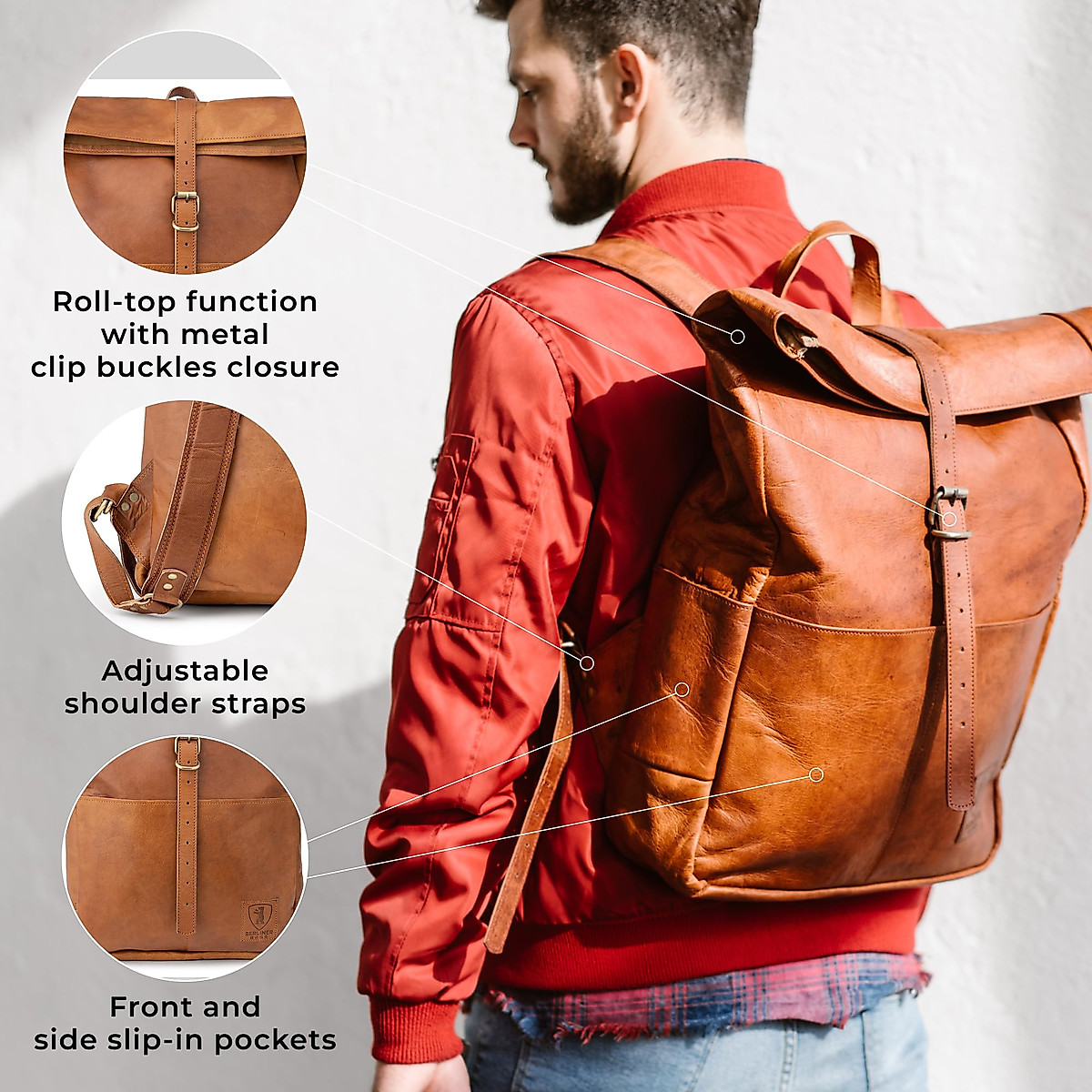 BERLINER BAGS Vintage Leather Backpack Paris XL, Large Waterproof Bookbag for Men and Women - Brown (Brown - Cognac)