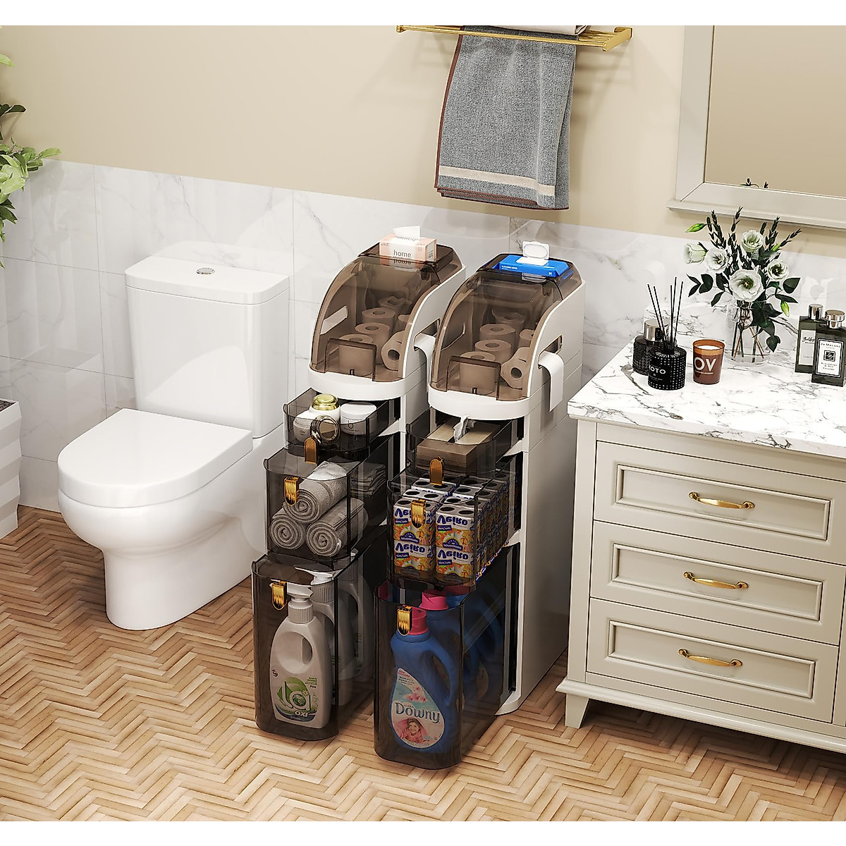 tonchean 3 Tiers Slim Bathroom Storage Cabinet,Already Assembled Waterproof Narrow Bathroom Toilet Organizer Mobile Slim Storage Cart with Wheels Clear Drawers for Small Space Gap Corner