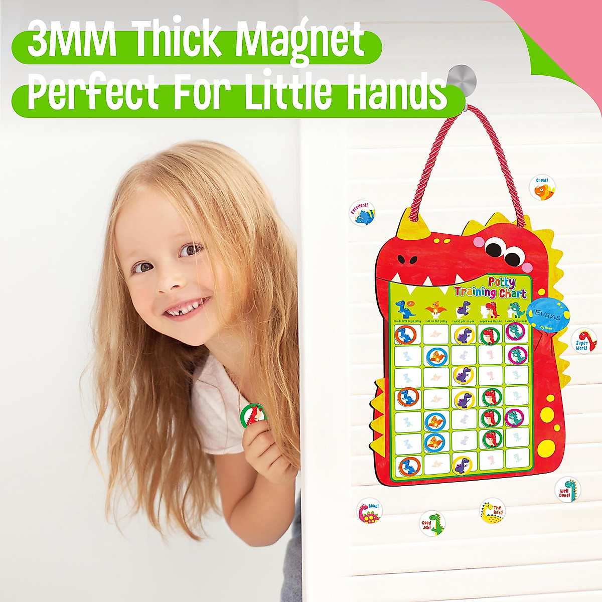 Magnetic Potty Training Chart, Dinosaur Reward Potty Training Chart with 50 Reusable Dinosaur Magnets plus 45 Stickers and a Storage Bag, Perfect for Boys & Girls, Multiple Toddlers (14.2” X 10”)