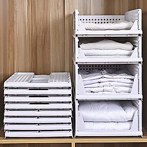 4-Pack Foldable Wardrobe Storage Box,Stackable Clothes Drawer Organizer,Closet Container Bin,Plastic Closet Organizer Basket,Collapsible Large Capacity Shelves Storage Bin for Office, Kitchen, Bedroom(White)