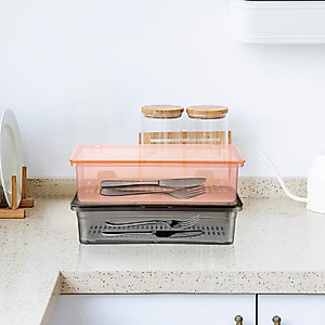 DOITOOL Spoon Organizer 2 Pcs Flatware Tray with Lid and Drainer- Black and Pink Transparent Plastic Silverware Holder- proof Silverware Tray for Drawer for Home Kitchen Accessories