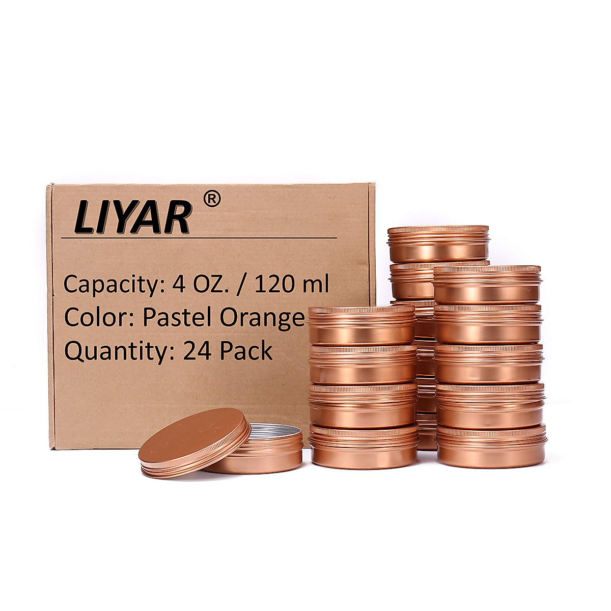 LIYAR 4oz Cans Tin Aluminum Metal Tin 24 Pack Metal Container Jars Aluminum Round Tins with Screw Lids for Salve, Spices or Candies(Pastel Orange)