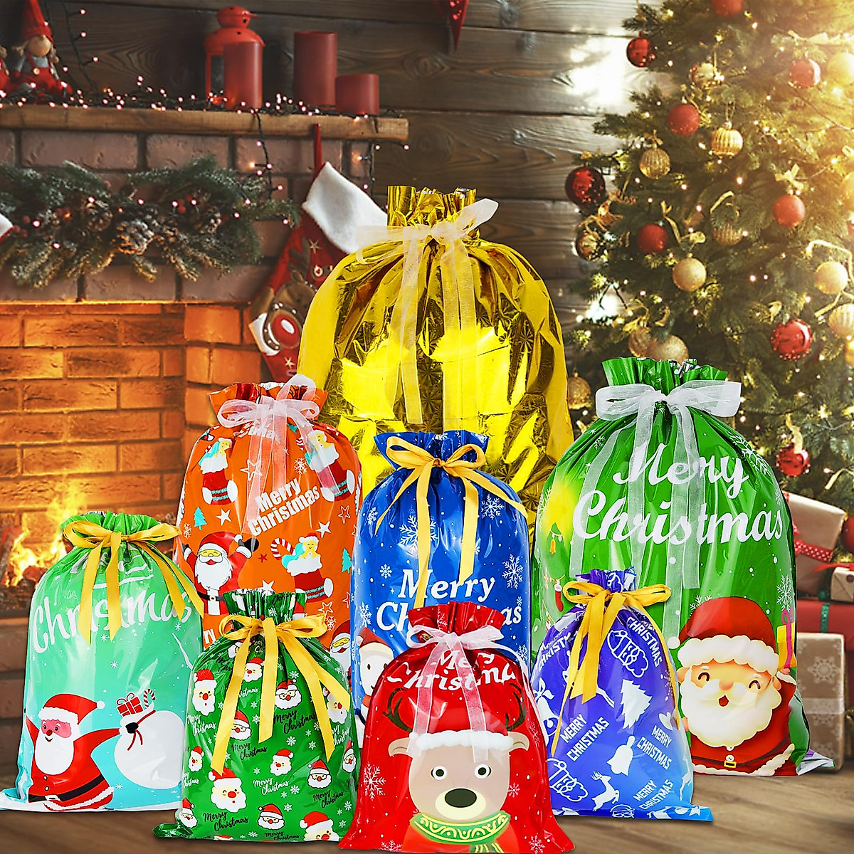 28 PCS Christmas Drawstring Gift Bags, Santa Gift Bags Wrapping Bags with Ribbon Tie, Large Medium Small Sizes, and 8 Designs for Xmas Holiday Presents and Christmas Party Supplies