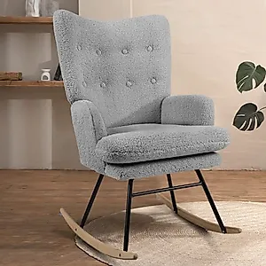 Waleaf Rocking Chair Nursery Chair Teddy Upholstered Glider Rocker Rocking Accent Chair Padded Seat with High Backrest Armchair Bedroom Chair Comfy Chair (Grey)…
