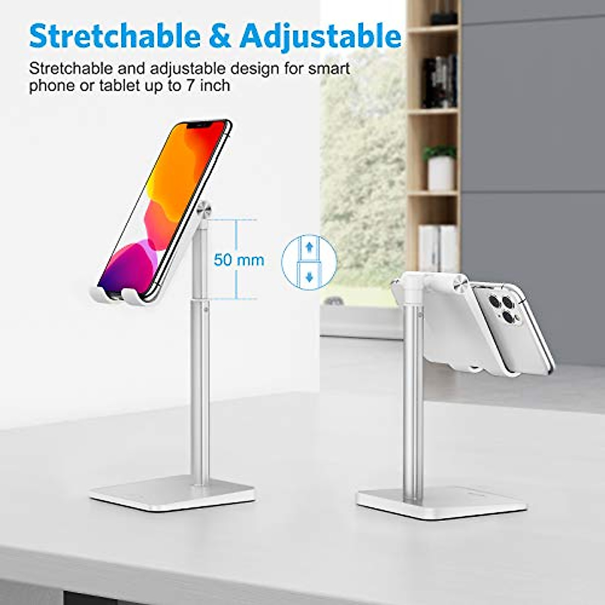 Cell Phone Stand, OMOTON Adjustable Angle Height Desk Phone Dock Holder for iPhone SE 2/11 / 11 Pro/XS Max/XR, Samsung Galaxy S20 / S10 / S9 / S8 and Other Phones (3.5-7.0-Inch),Silver