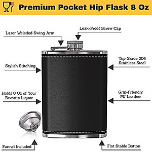 Flask for Liquor and Funnel - 8 Oz Leak Proof 18/8 Stainless Steel Pocket Hip Flask with Black Leather Cover for Discrete Shot Drinking of Alcohol, Whiskey, Rum and Vodka | Gift for Men