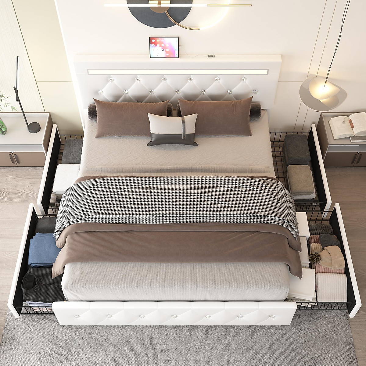 Kallabe Queen Size Bed Frame with 4 Drawers and LED Adjustable Headboard, Charge Station, Upholstered Platform Bed with Solid Wooden Slats Support, No Box Spring Needed, White