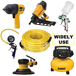 YOTOO Reinforced Polyurethane Air Hose 1/4" Inner Diameter by 100' Long, Flexible, Heavy Duty Air Compressor Hose with Bend Restrictor, 1/4" Swivel Industrial Quick Coupler and Plug, Yellow