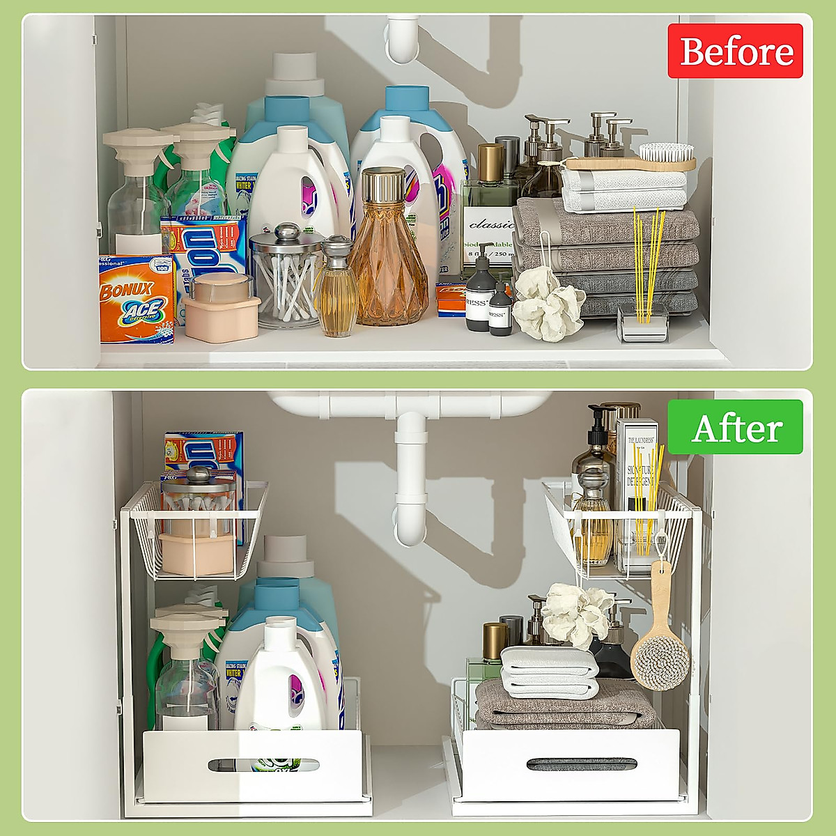 XUNAXI Under Sink Organizer, Metal Pull Out Under Cabinet Organizer and Storage Slide Out Sink Shelf with Hooks 2 Tier Under Sink Organizers and Storage for Kitchen Bathroom Pantry, 1 Pack White