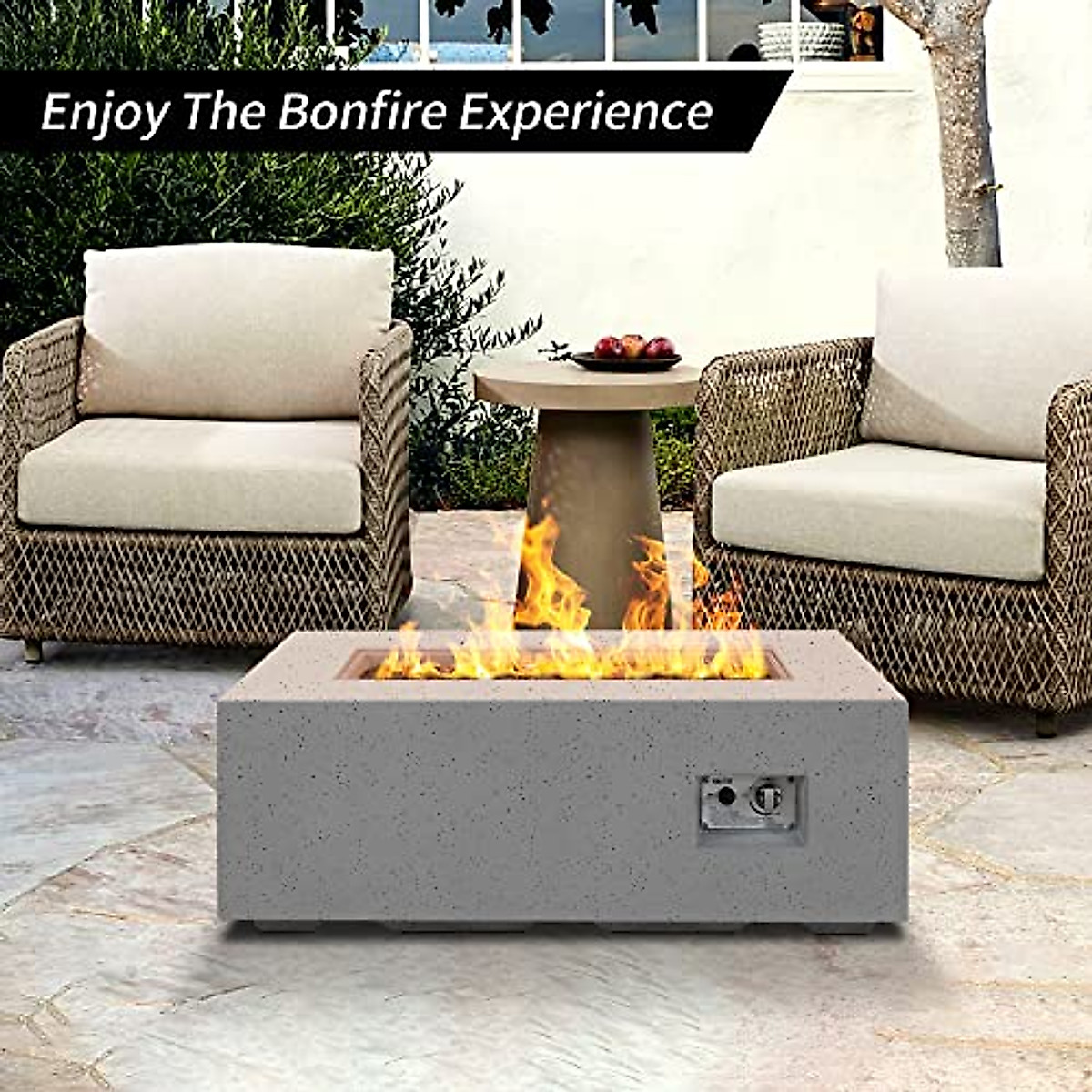 Kante 42 Inches Outdoor Propane Fire Pit Table, Rectangular Concrete Smokeless Gas Fire Pit Table for Patio Garden, 50,000 BTU Stainless Steel Burner, Waterproof Cover, Light Gray