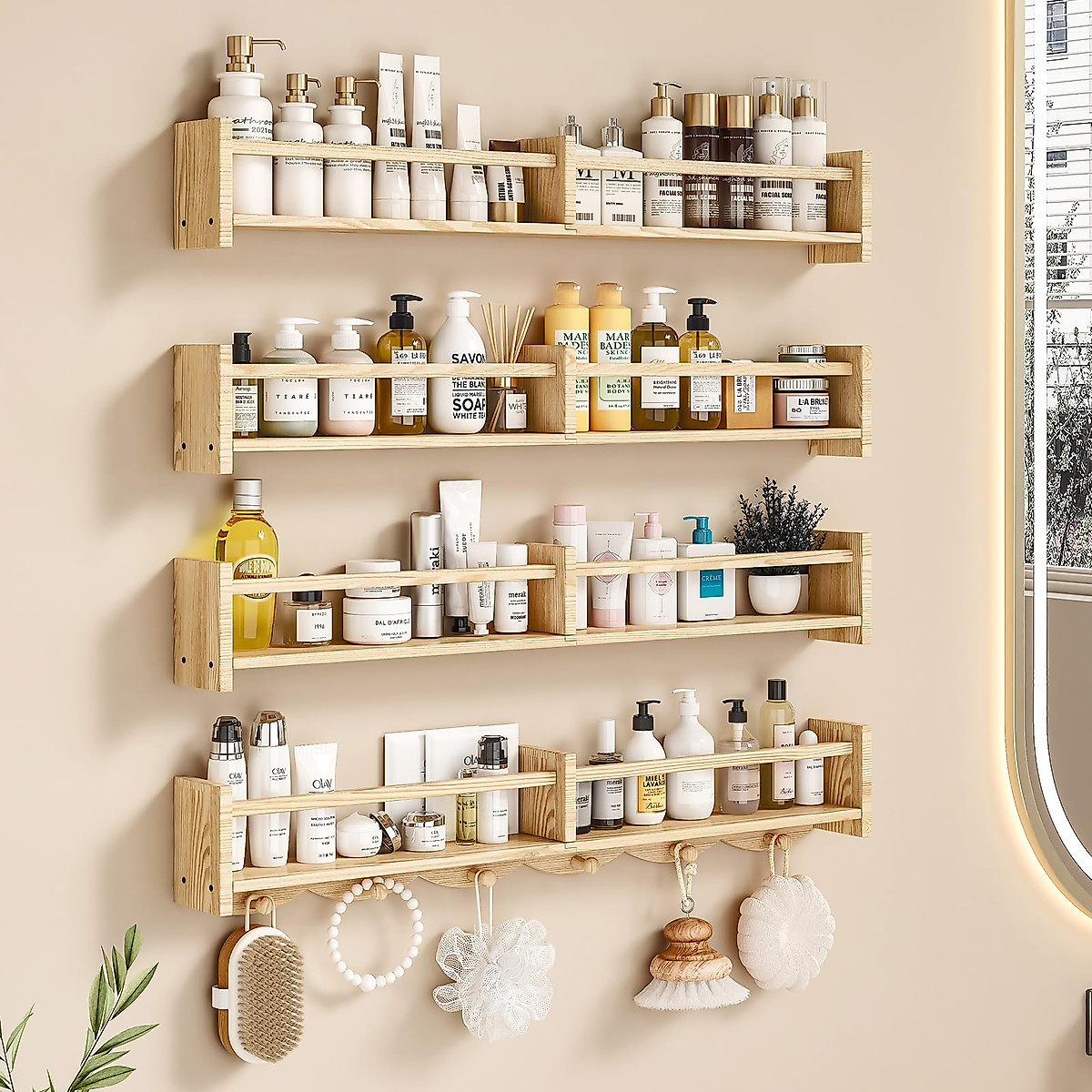 ECOOCE 34Inch Nursery Bookshelves,Set of 4,Wall Floating Shelf Kids Coat Rack with 6Hooks,Hanging Book Shelf for Baby Nursery Room Décor， Patent Number: 29958098(Burlywood, 34)