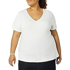 Amazon Essentials Women's Classic-Fit Short-Sleeve V-Neck T-Shirt, Pack of 2, White, Large