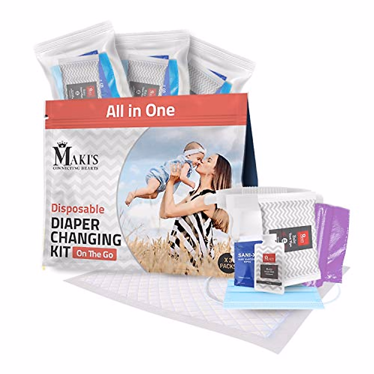 Maki's Disposable Diaper Changing Kit to Go | Contains 3 Individual Packs | Perfect for Travel | Portable Baby Changing Essentials (Size 3)