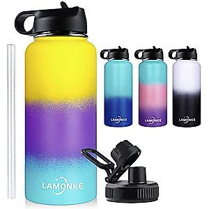 LAMONKE 32oz Vacuum Insulated Stainless Steel Water Bottle with Straw Lids & Spout Lids & Wide Mouth, Double Wall BPA Free Sweat-Proof Thermos to Keep Beverages Perfectly Hot or Cold