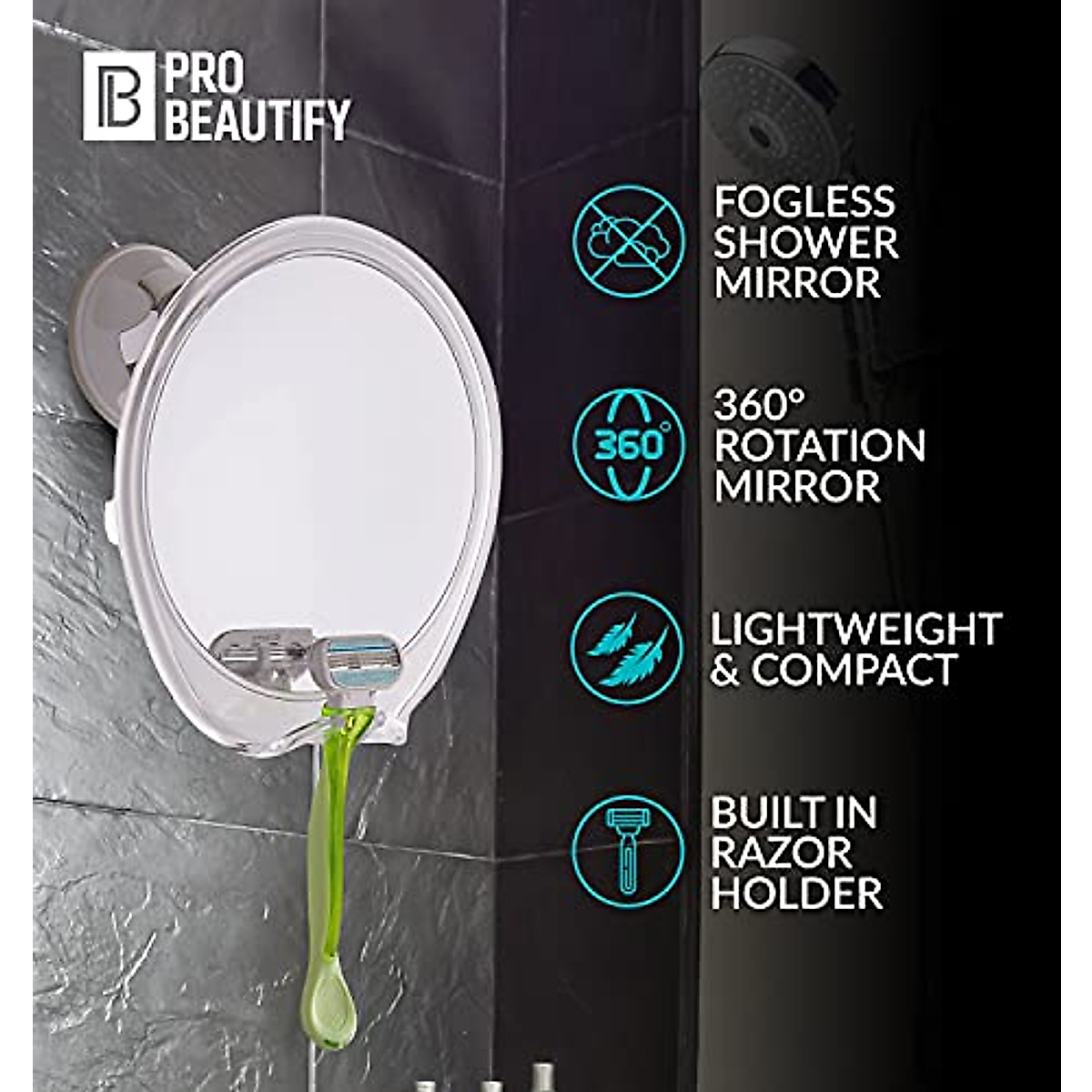 PROBEAUTIFY Fogless Shower Mirror for Shaving - Strong Suction, Razor Holder & 360 Degree Rotation Shower Shaving Mirror - Fog Free Mirror for Shower & Shaving Mirror - Men & Women