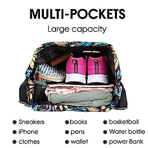 Risefit Water Resistant Drawstring Bag, Gym Bag Sackpack Sports Beach Backpack for Men Women (Blue Leaves)