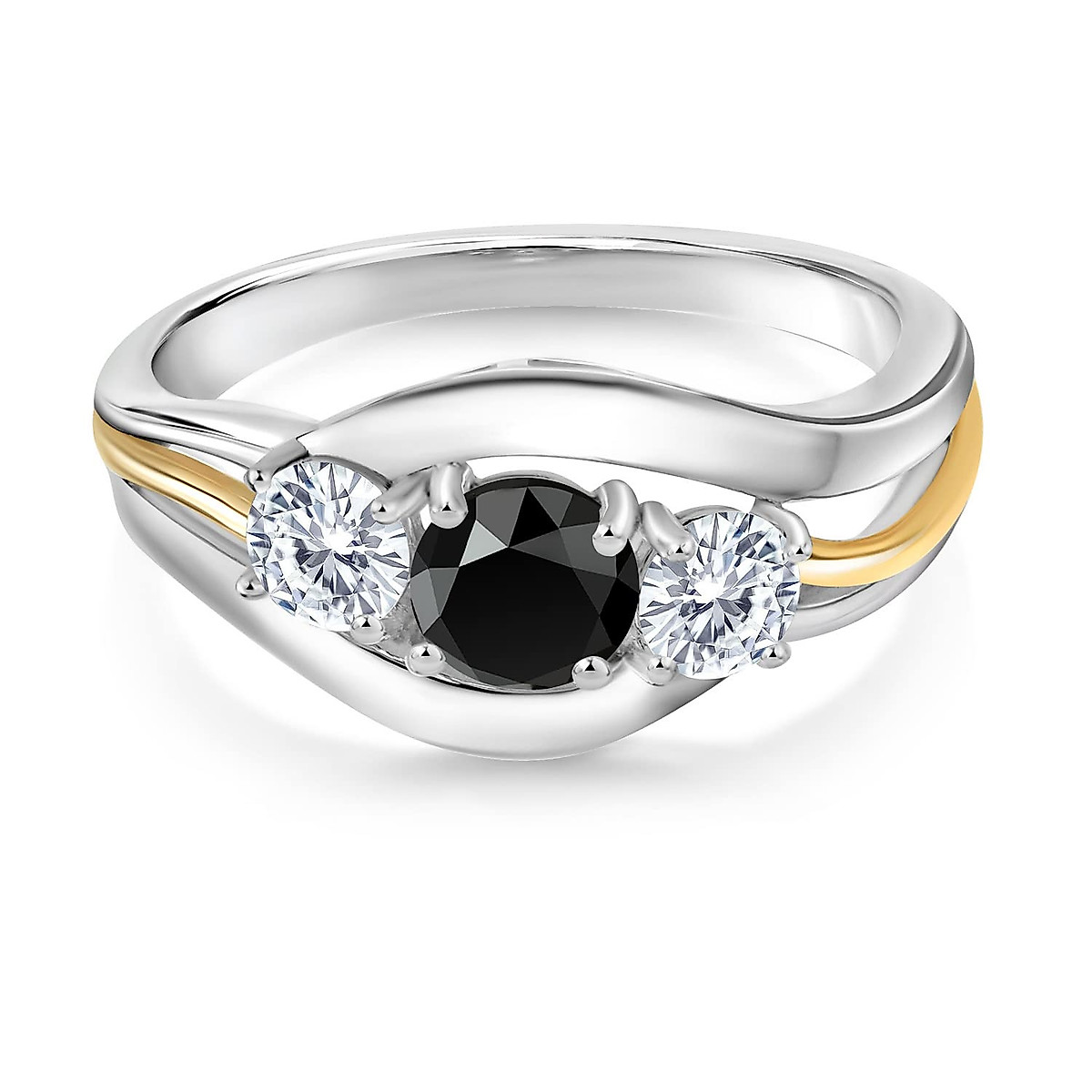 Gem Stone King 925 Sterling Silver and 10K Yellow Gold Round Black Onyx and White Moissanite 3 Stone Ring For Women (0.94 Cttw, Available In Size 5, 6, 7, 8, 9)
