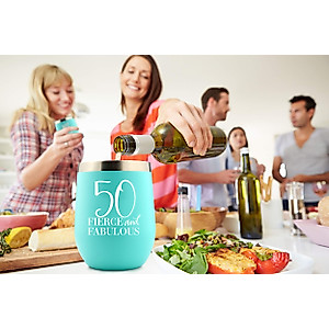 50th Birthday Funny Wine Gifts for Women, 12 oz Stainless Steel Wine Tumbler with Lid, Insulated Wine Glass for 50, Milestone Birthday Gift for Her, Presents for Turning Fifty and Fabulous, Travel Cup