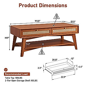 OKD 48" Coffee Table with Natural Rattan Drawers, Mid Century Modern 2-Tier Center Table with Open Storage Shelf, Boho Rectangular Wood Cocktail Table for Living Room, Cherry