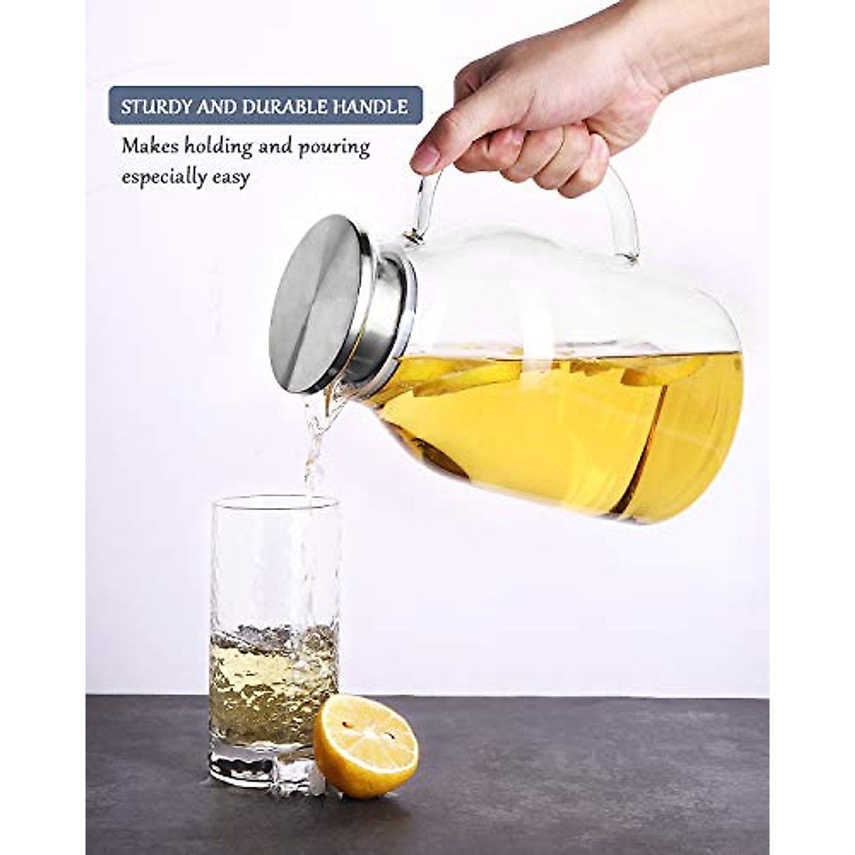 Kanwone 75oz Glass Pitcher with Stainless Steel Lid and Spout, Heat Resistant Borosilicate Glass Water Carafe for Sun Tea, Lemonade, Homemade Juice, Milk or Hot Beverages