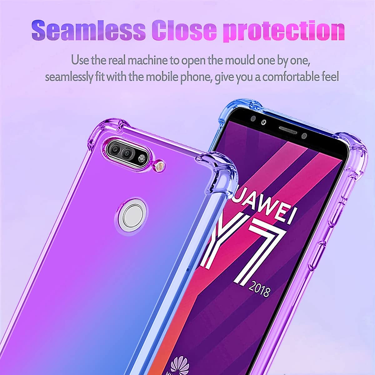 Gufuwo Case for Y7 2018/Y7 Prime 2018/Y7 Pro 2018/Honor 7C/Enjoy 8 Cute Case Girls Women, Gradient Slim Anti Scratch Soft TPU Phone Cover Shockproof Protective Case for Huawei Y7 2018 (Purple/Blue)