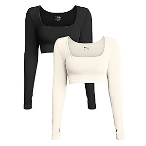 OQQ Women's 2 Piece Crop Top Ribbed Seamless Workout Exercise Tops Long Sleeve Shirts 2025 Trendy Black Beige
