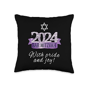 2024 Bar Mitzvah Gifts & Decorations For Boys Bar Mitzvah 2024 I with Pride & Joy I Purple Banner Decor Throw Pillow, 16x16, Multicolor