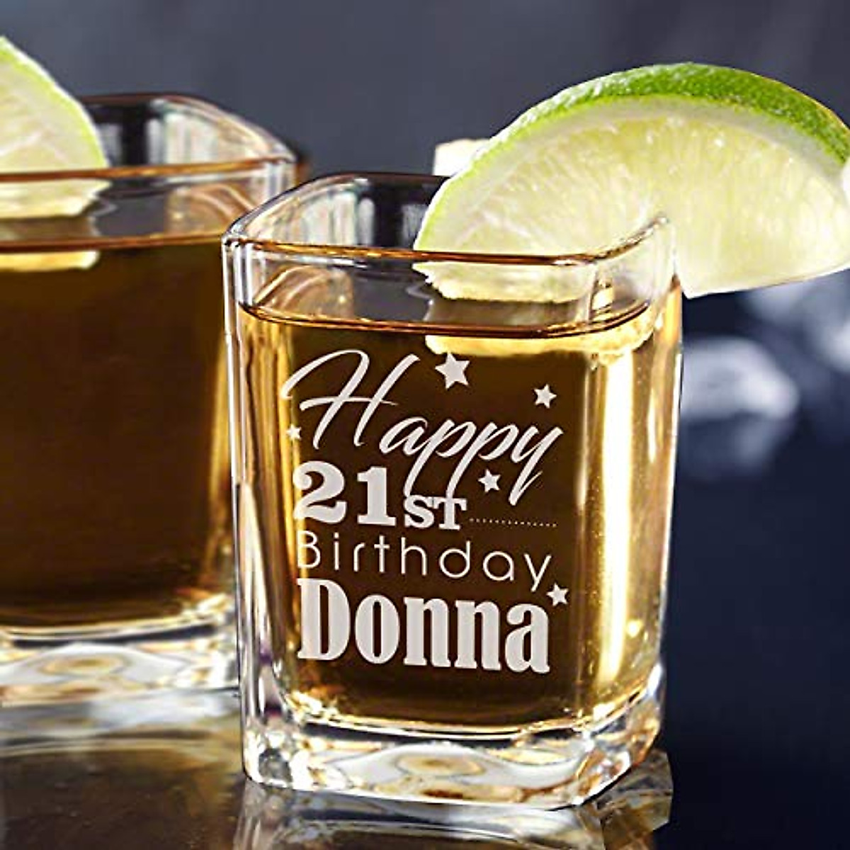 Customized 21st Birthday Party Shot Glass, Wine Glass, Beer Glass and Champagne Flute - Personalized and Engraved (2 oz Square Shot Glass)