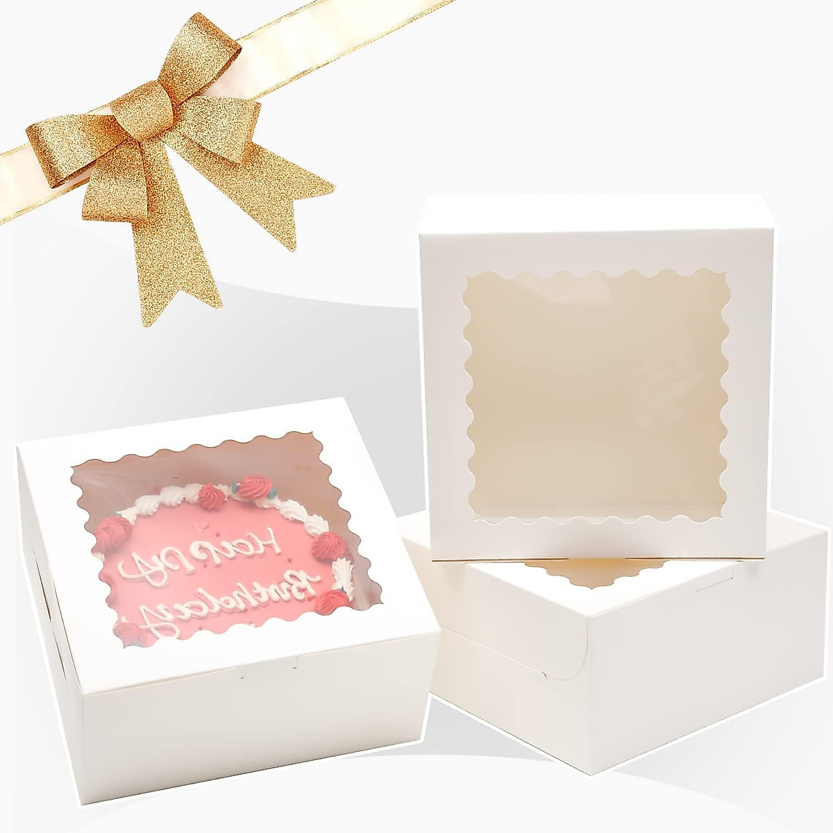 Bakepacker 36pcs 10x10x5 inches Cake Boxes with Window 18-Packs 10 Inch White Bakery Boxes (18 Cake Boxes +18 Cake Boards+10 Meters Silk Ribbon Includes Included)