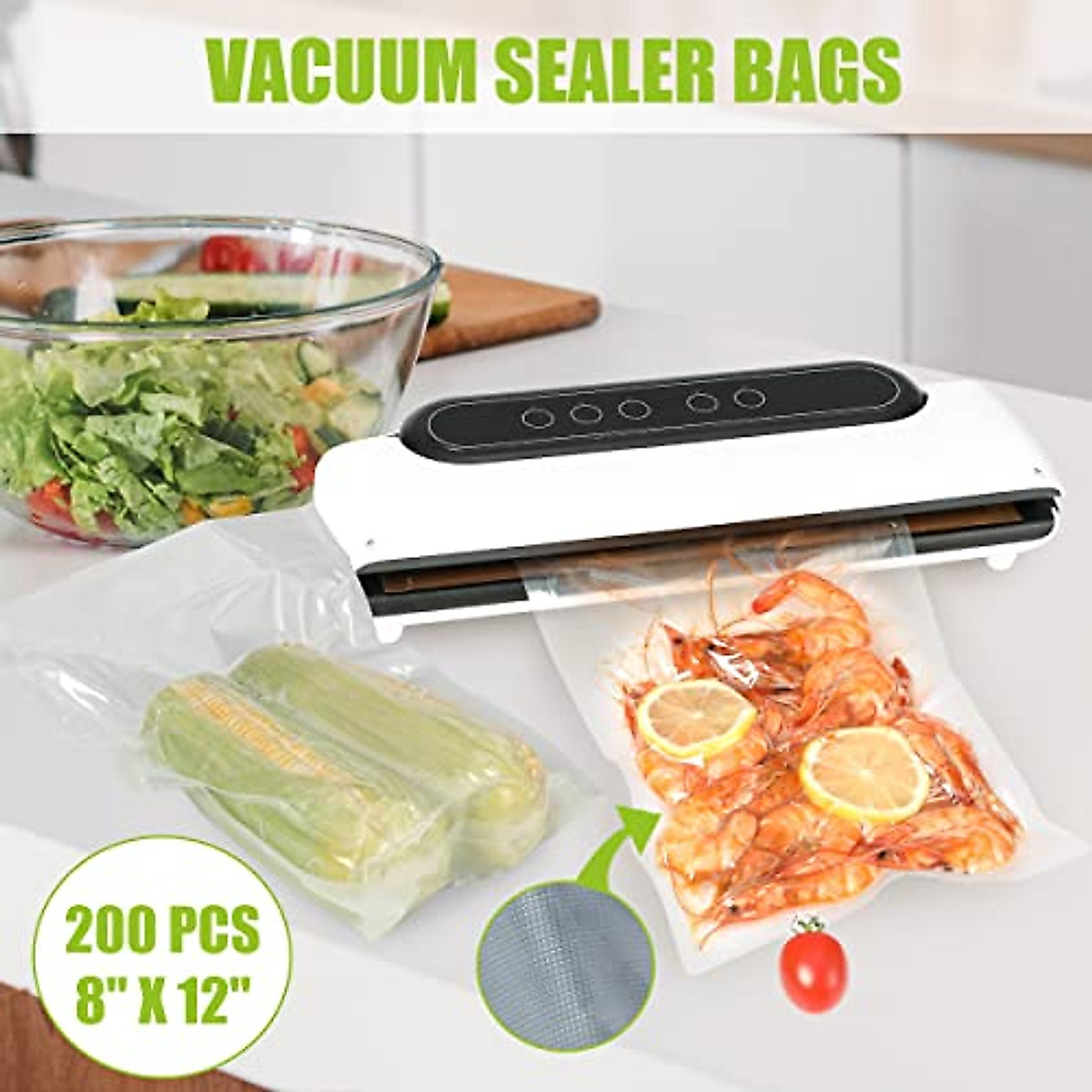 Vacuum Sealer Bags,200 Pcs 4mil 8"x12"Vacuum Sealer Bags for Food,Vacuum Storage Bags Foodsaver Bags for Food Preservation, Refrigeration Storage, Low Temperature Cooking, Microwave Heating
