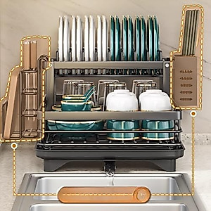 Dish Drying Rack, Dish Racks for Kitchen Counter, Kitchen Organizers and Storage Rack with Drainboard and Cutlery Holder (Black,Double-Layer Standard Version)