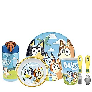 Zak Designs Bluey Kids Dinnerware Set Includes Plate, Bowl, Tumbler, Water Bottle, and Utensil Tableware, Made of Durable Material and Perfect for Kids (6 Piece Gift Set, Non-BPA)