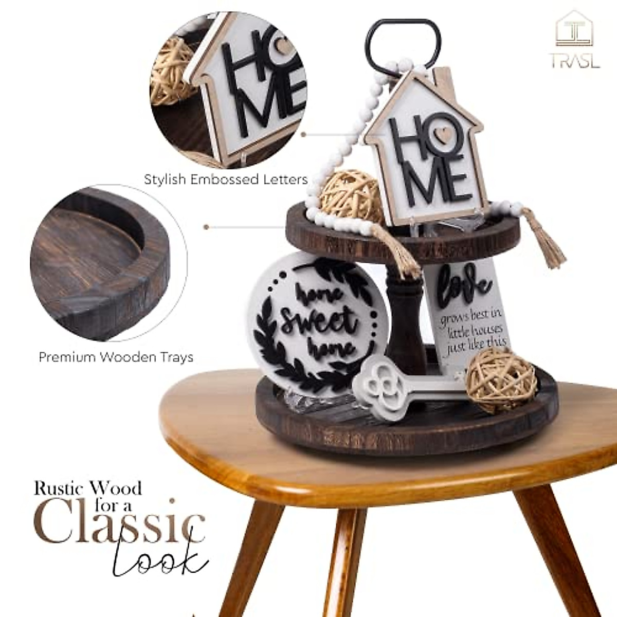 Trasl 2 Tier Serving Tray Farmhouse with 7pc Decoration Set. Kitchen Decor Rustic Serving Stand Wood Serving Tray. Coffee Table Tea Tray Tables & Cupcake Stand Decorative Tray Wooden Tray Room Decor