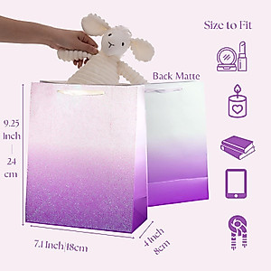 UNIQOOO 12Pcs Ombre Purple Gift Bags Bulk w/ 24 Tissue Paper, 9 x 7 x 4 In, Gradient Pastel Glitter Paper Gift Wrap Bag, Recyclable Gift Packaging for Wedding Birthday Mother's Day Baby Shower Party Favor Décor