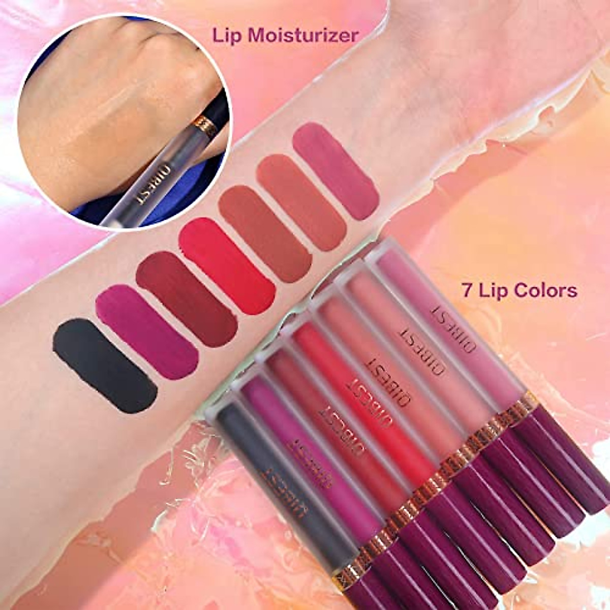 QiBest 7Pcs Matte Liquid Lipstick wiith 1Pcs Lip Plumper Makeup Set, Waterproof Lip Gloss Sets Kit Pigmented Long Lasting Velvet Lip Makeup Gift for Women and Girls