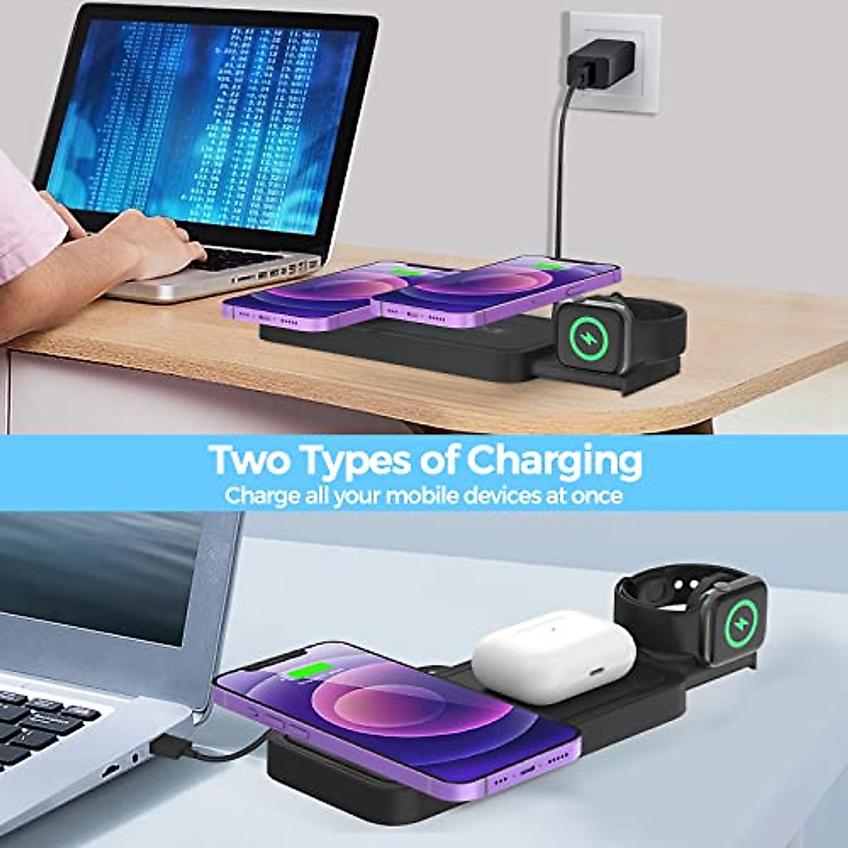 Wireless Charging Pad, Mag-Safe Charger Stand Compatible with Magsafe iPhone 14/13/12, Apple Watch Ultra/8/7/SE2/Airpods 1 2/ Pro1 2, 3-in-1 Magnetic Wireless Charging Station(QC 3.0 Adapter)