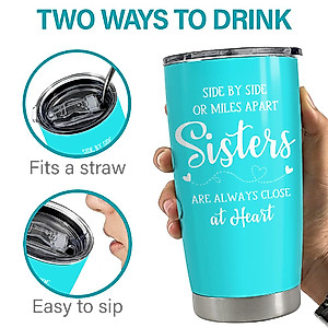 SANDJEST Sister Birthday Gifts from Sister Tumbler Side by Side Close At Heart - 20 oz Silk Printing Mint Stainless Steel Insulated Travel Mug | Christmas Tumblers Gifts from Brothers, Sisters