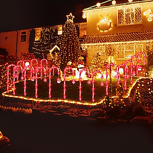 BITPOTT Christmas Decorations Candy Cane Solar Lights Outdoor 12 Pack, 28 Inch Christmas Solar Pathway Lights, Red Light Solar Garden Lights for Yard Pathway Walkway Markers Holiday Decor