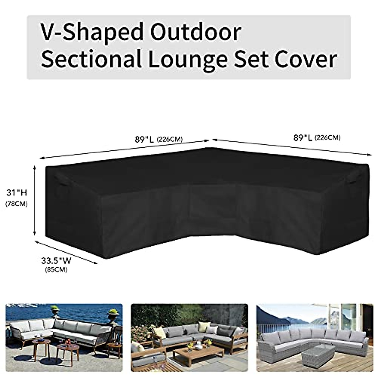 Easy-Going Patio V-Shaped Sectional Sofa Cover, Waterproof Outdoor Sectional Cover,Heavy Duty Garden Furniture Cover with Air Vent 89" L (on Each Side) x 33.5" D x 31" H, Black