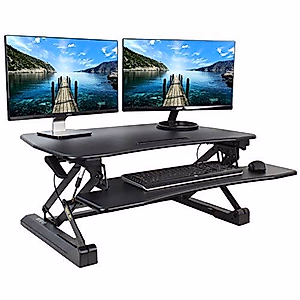 VIVO Black Deluxe Height Adjustable 36 inch Standing Desk Converter, Sit Stand Tabletop Dual Monitor and Laptop Riser Workstation, DESK-V000DB