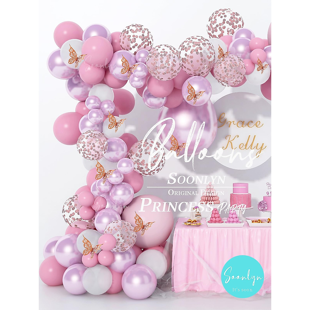 Soonlyn Baby Shower Decorations for Girl 140 Pcs Pink Balloon Garland Butterfly Stickers 18 In 12 In 10 In 5 In Lilac Purple Chrome Rose Gold Confetti Balloon Arch Kit for Girl Birthday Party