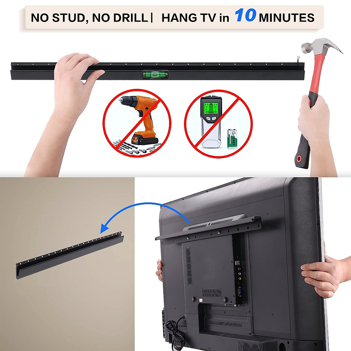 No Drill Drywall TV Mount, No Stud TV Wall Mount for 32-75 Inch Most Brand TVs up to 150lbs, Easy Install No Stud Studless TVs Wall Mount, Included All Hardware-New Level Bubble Meter