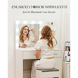 LIVELYGLOW Vanity Desk with Mirror and Lights, Makeup Vanity with Drawer & Storage Shelves, Cabinet, 3 Lighting Modes Adjustable Brightness, Bedroom Dressing Table, White