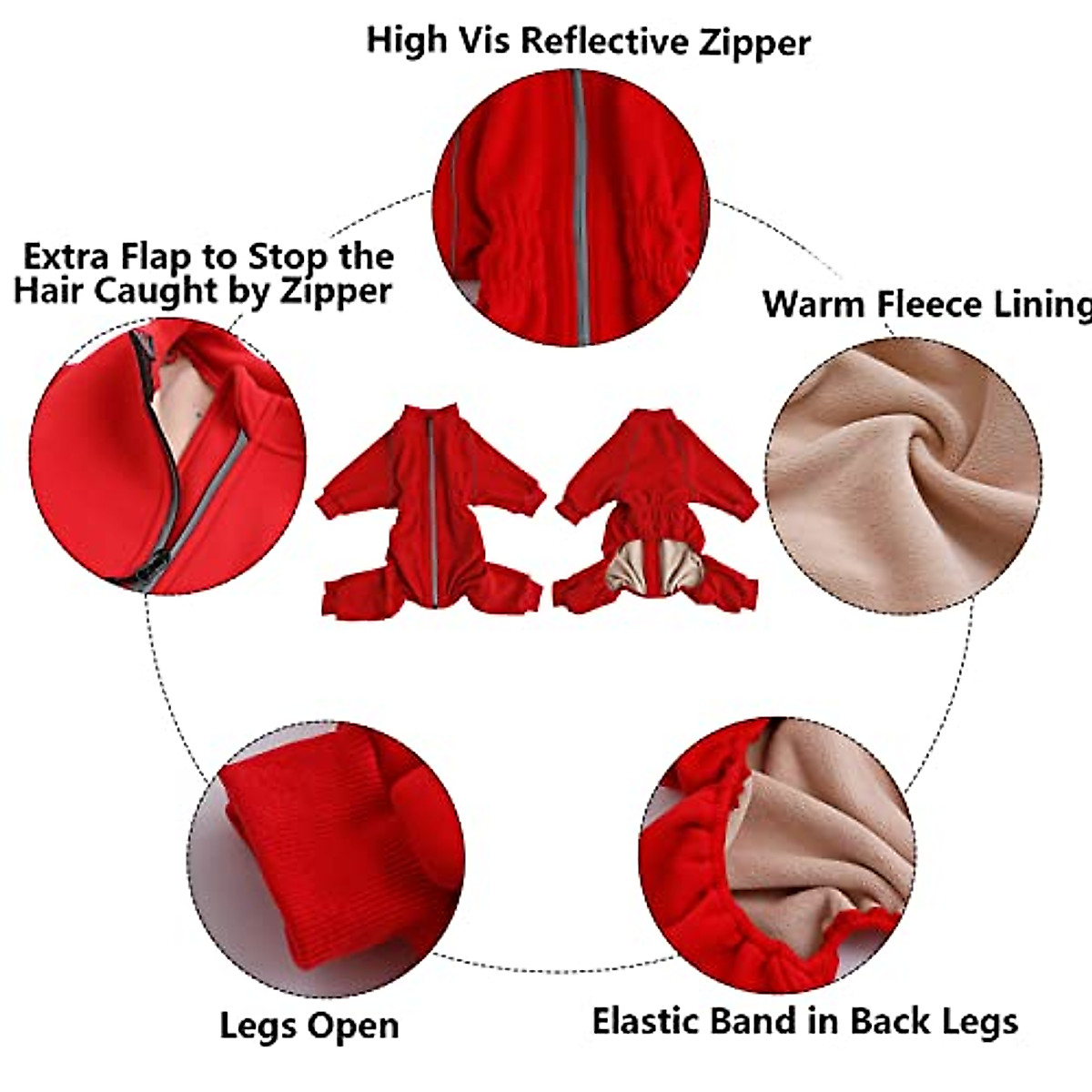 Dog Full Body Warm Fleece Coat with Legs Puppy Pyjamas Jumpsuit Suit with Reflective Zipper Closure Put on and Off Easy and Safety - Red - XL