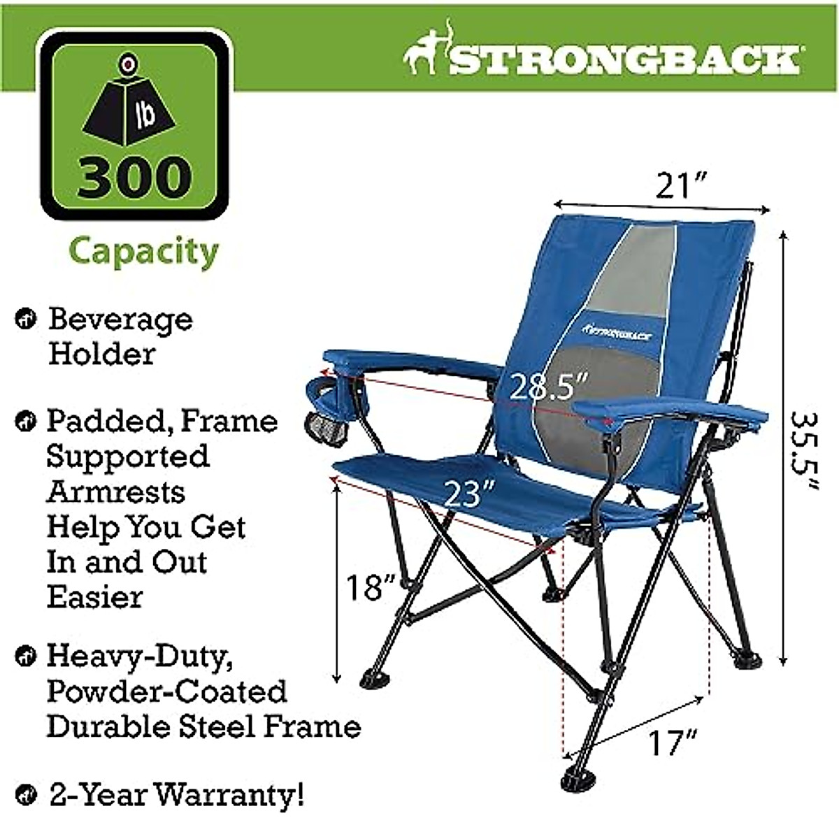 STRONGBACK Elite 2.0 Adult Camping Chair with Lumbar Support and Carry Bag, Navy/Grey