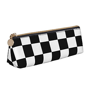 Ykklima Black White Race Checkered Flag Pattern Leather Pencil Case Zipper Pen Makeup Cosmetic Holder Pouch Stationery Bag for School, Work, Office