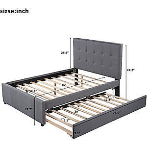 CITYNIGHT Upholstered Full Size Platform Bed with Headboard and Trundle,Linen Wood Full Trundle Bed Frame for Kids Teens,No Box Spring Needed (Full,Grey+Trundle)